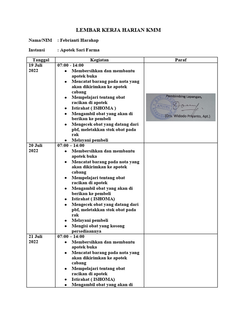 Lembar Kerja Harian KMM | PDF