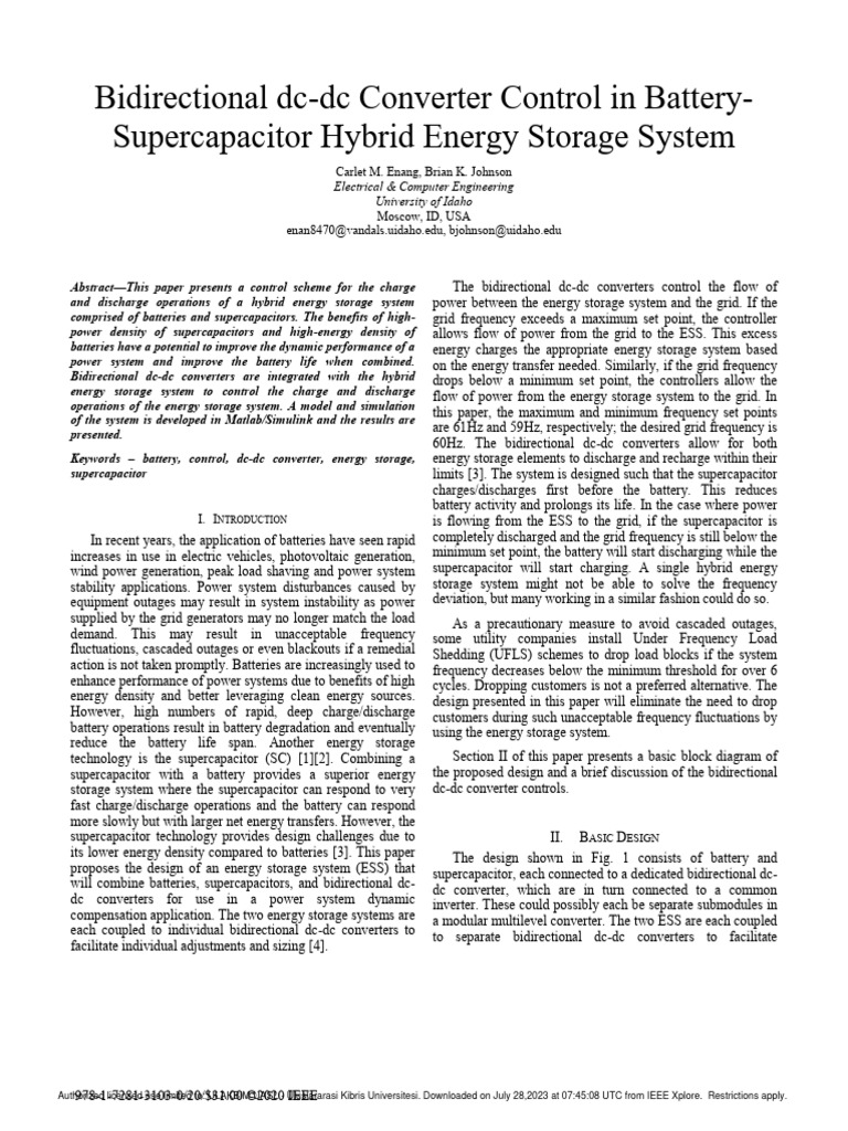 Bidirectional Dc Dc Converter Control In Battery Supercapacitor Hybrid Energy Storage System Pdf