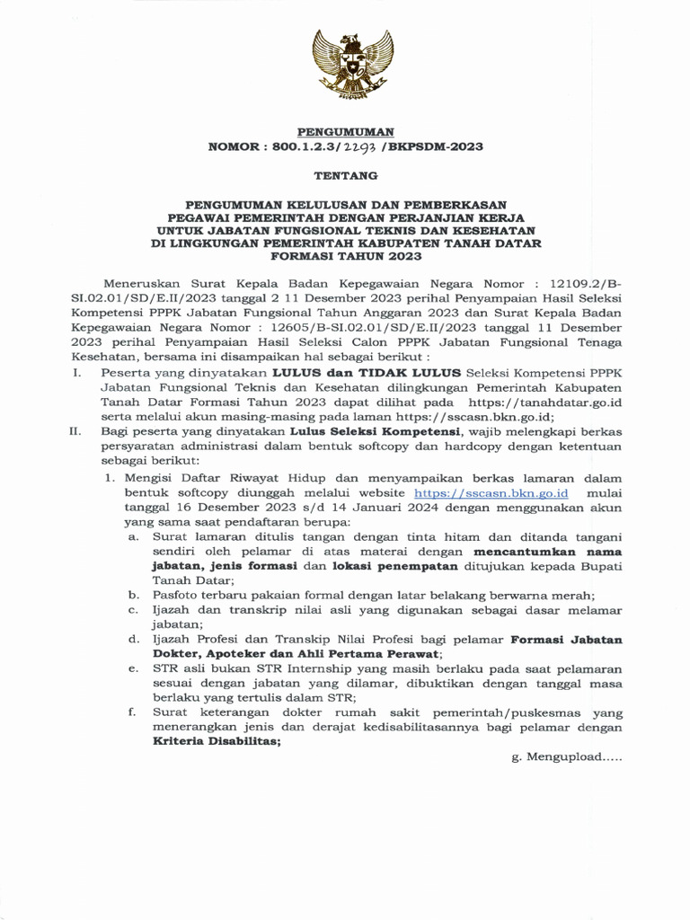 Pengumuman Kelulusan Dan Pemberkasan PPPK Teknis Dan Kesehatan | PDF