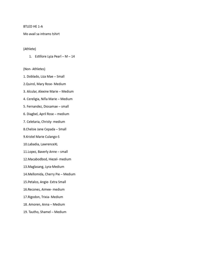 Intrams T-Shirt Size List for Athletes | PDF