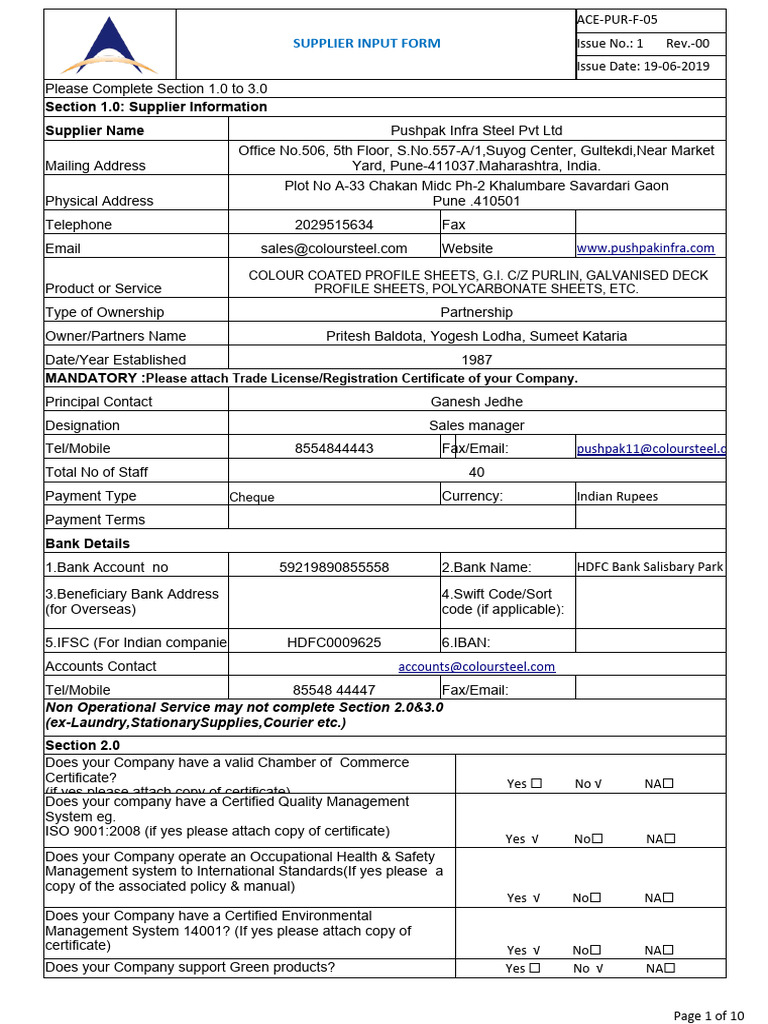 Supplier Input Form for Ace Group | PDF | Verification And Validation ...