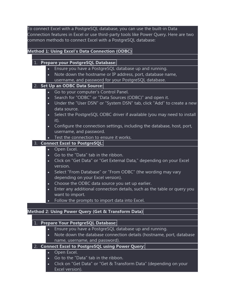 Connect Excel To Postgres DB | PDF