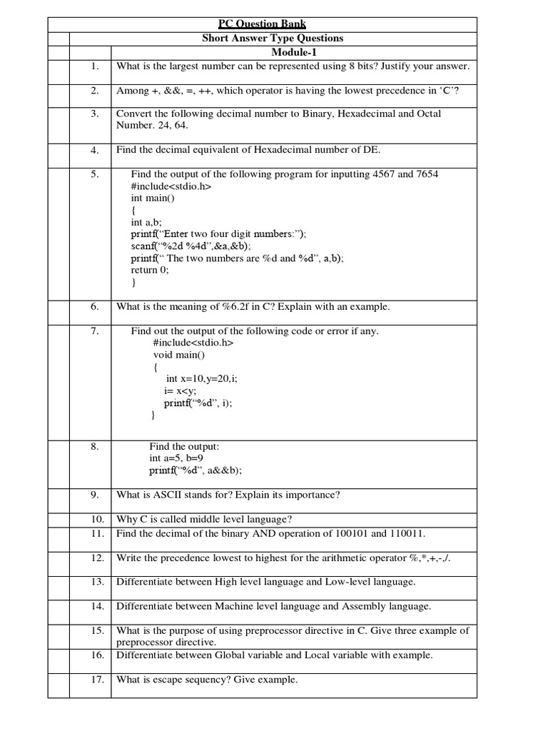 C Programming Question Bank and Answers | PDF | Teaching Methods ...