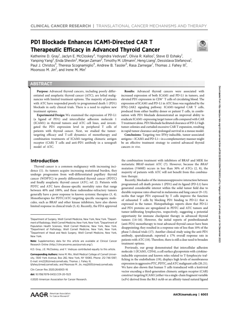 Paper 1 - PD1 Blockade Enhances ICAM1-Directed CAR T Therapeutic Efficacy in Advanced Thyroid ...