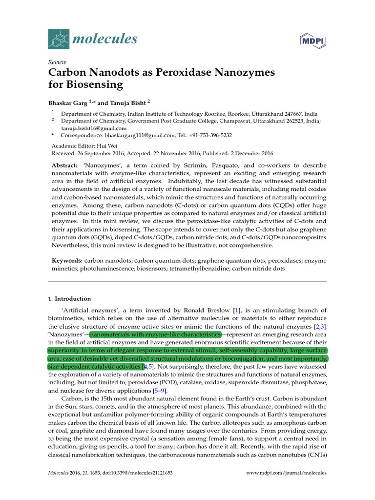 Carbon Nanodots As Peroxidase Nanozymes For Biosensing | PDF | X Ray ...