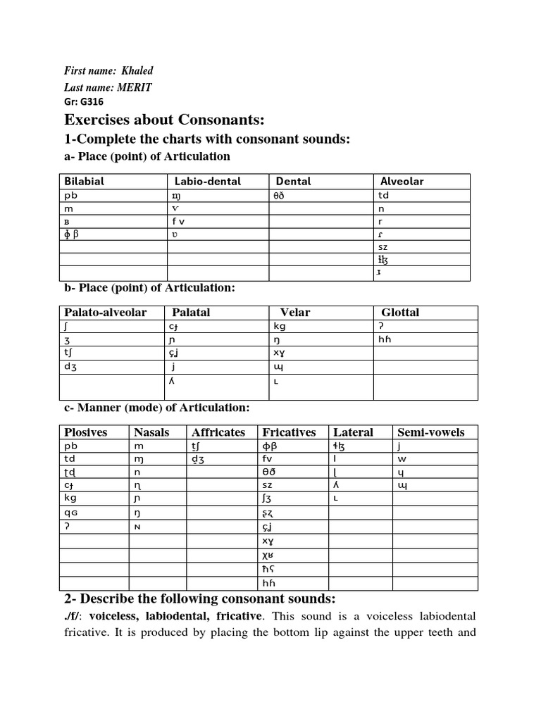 Exercises about Consonants MERIT Khaled | PDF | Phonetics | Linguistics
