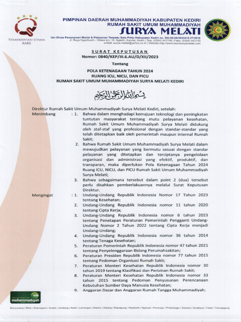 SK Pola Ketenagaan Tahun 2024 Ruang ICU, NICU, Dan PICU | PDF
