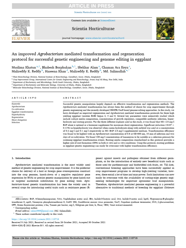 An Improved Agrobacterium Mediated Transformation and Regeneration ...