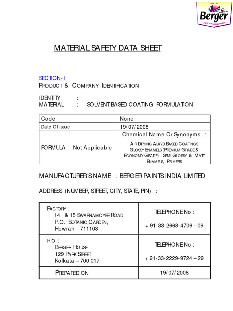 msds-BERGER Paint | Download Free PDF | Titanium Dioxide | Paint