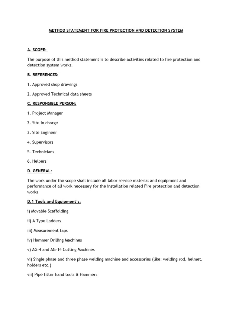Method Statement For Fire Protection Anddetection System Pdf