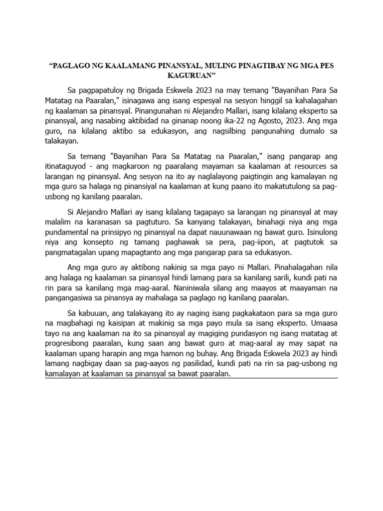 Paglago NG Kaalamang Pinansyal | PDF