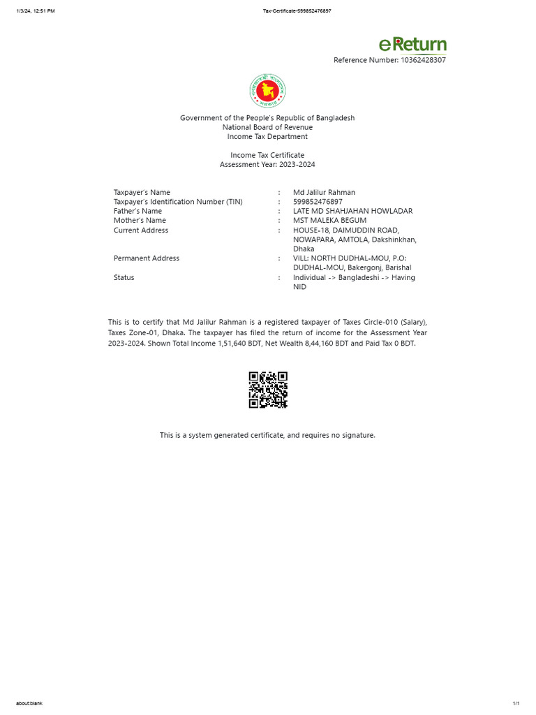Tax Certificate Bangladesh | PDF