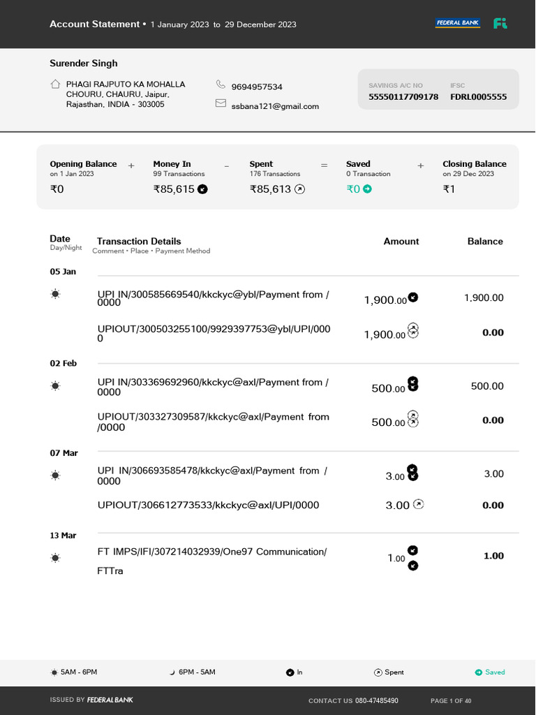 Federal Bank - Savings Account Statement 01 Jan 2023 - 29 Dec 2023 | PDF