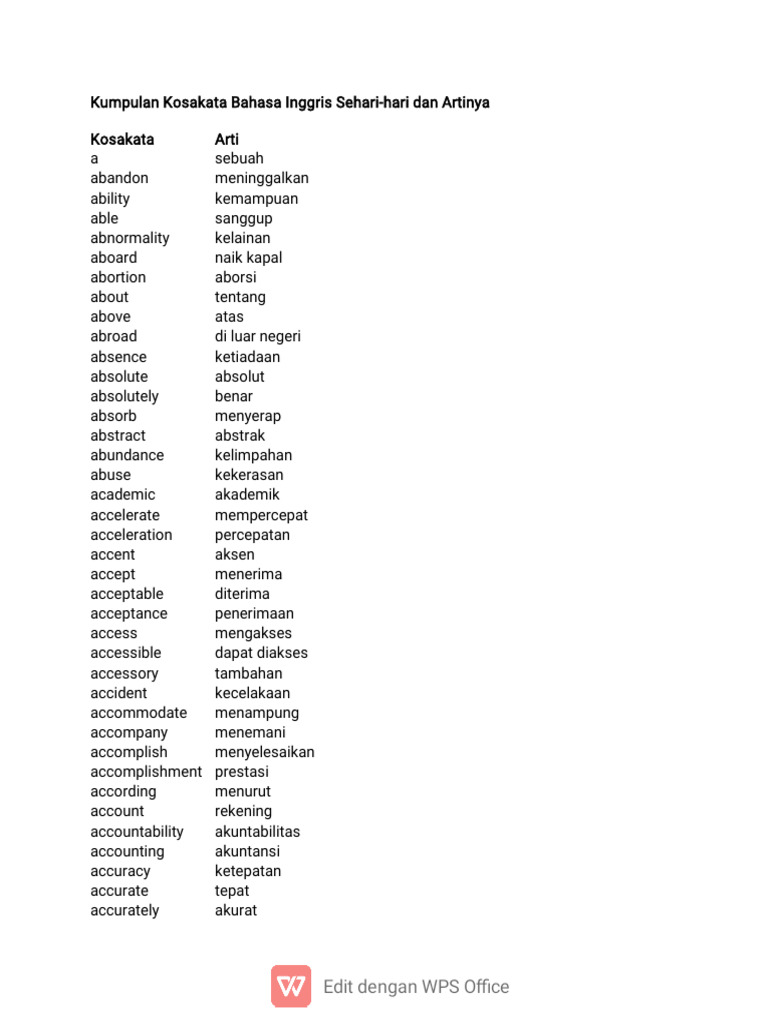 Kumpulan Kosakata Bahasa Inggris Sehari | PDF