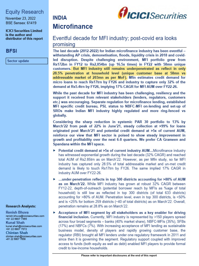 ICICI Securities on Microfinance Industry | PDF | Loans | Microfinance