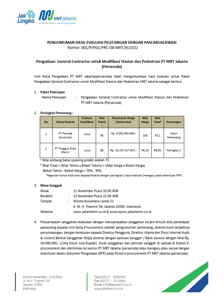 002-P-PGC-MRT-XI-2022 Pengumuman Evaluasi | PDF