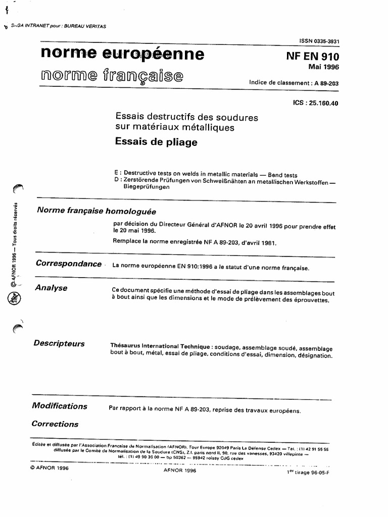 NF EN 910 - Essais Destructifs Des Soudures Sur Matériaux Métalliques ...