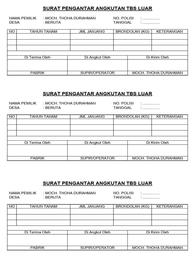 Surat Pengantar Angkutan TBS Luar | PDF