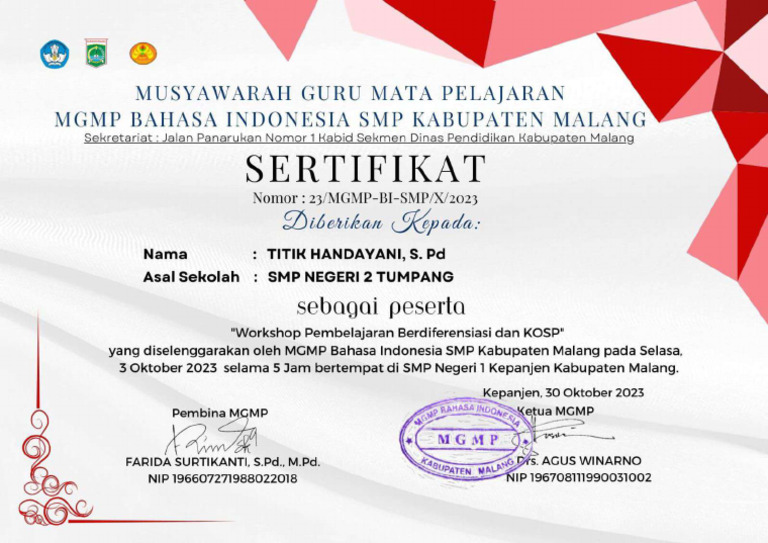 Sertifikat MGMP Indo Titik | PDF