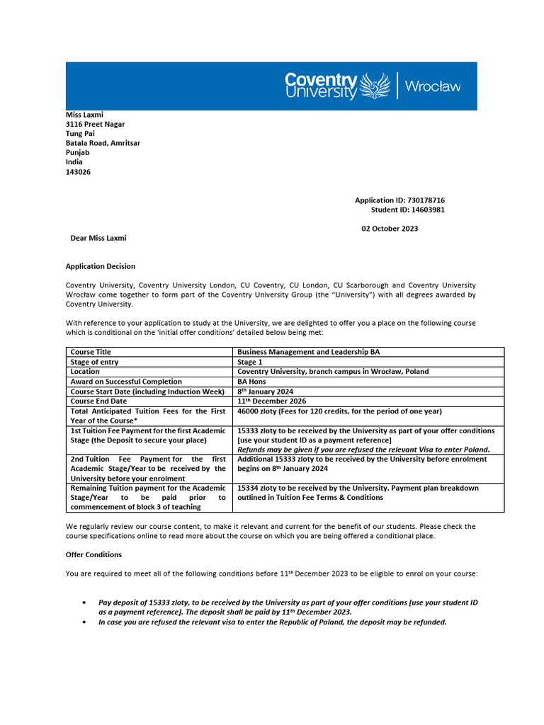 Conditional Offer Letter January 2024 | PDF | Travel Visa | Discovery (Law)
