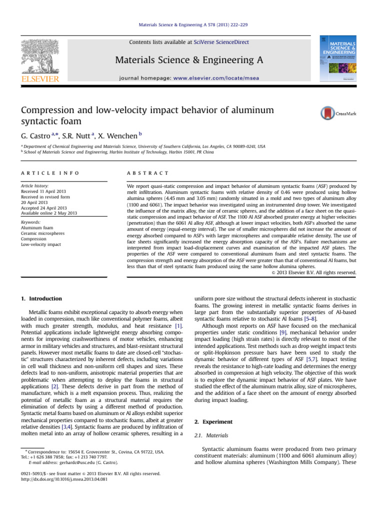 Compression and low-velocity impact behavior of aluminum syntactic foam | PDF
