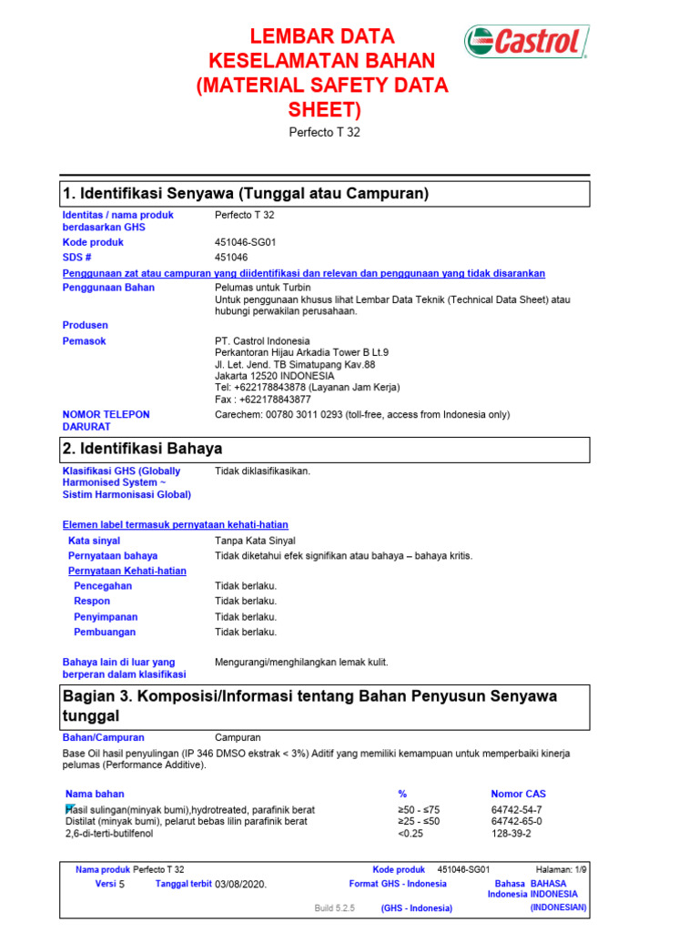 MSDS BP Castrol Perfecto T 32 | PDF