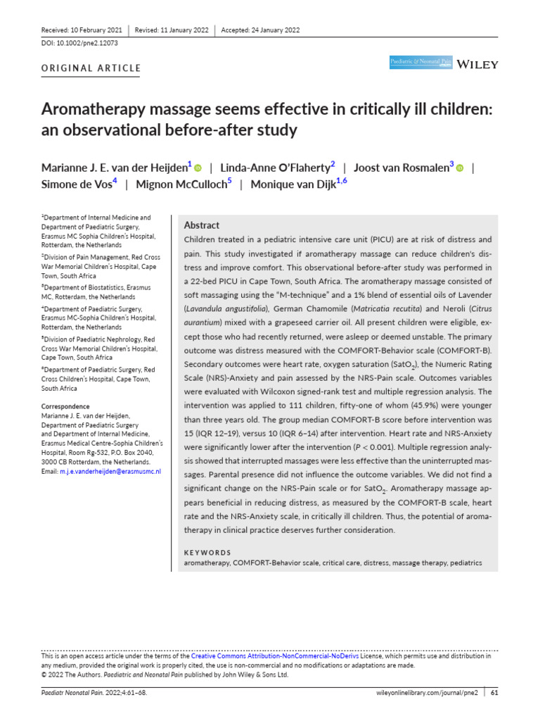Aromatherapy Massage Seems Effective in Critically Ill Children An Observational Before-After ...