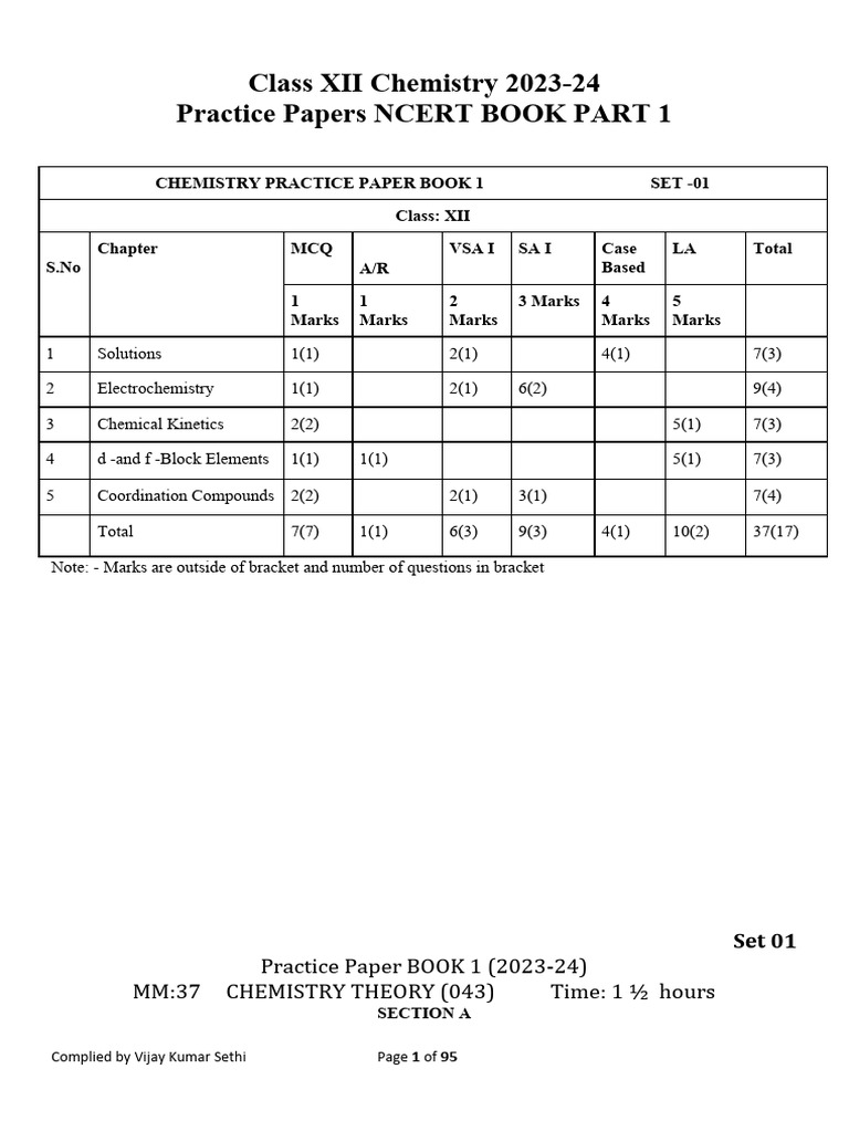 Class XII Chemistry Practice Papers | PDF | Transition Metals | Solubility