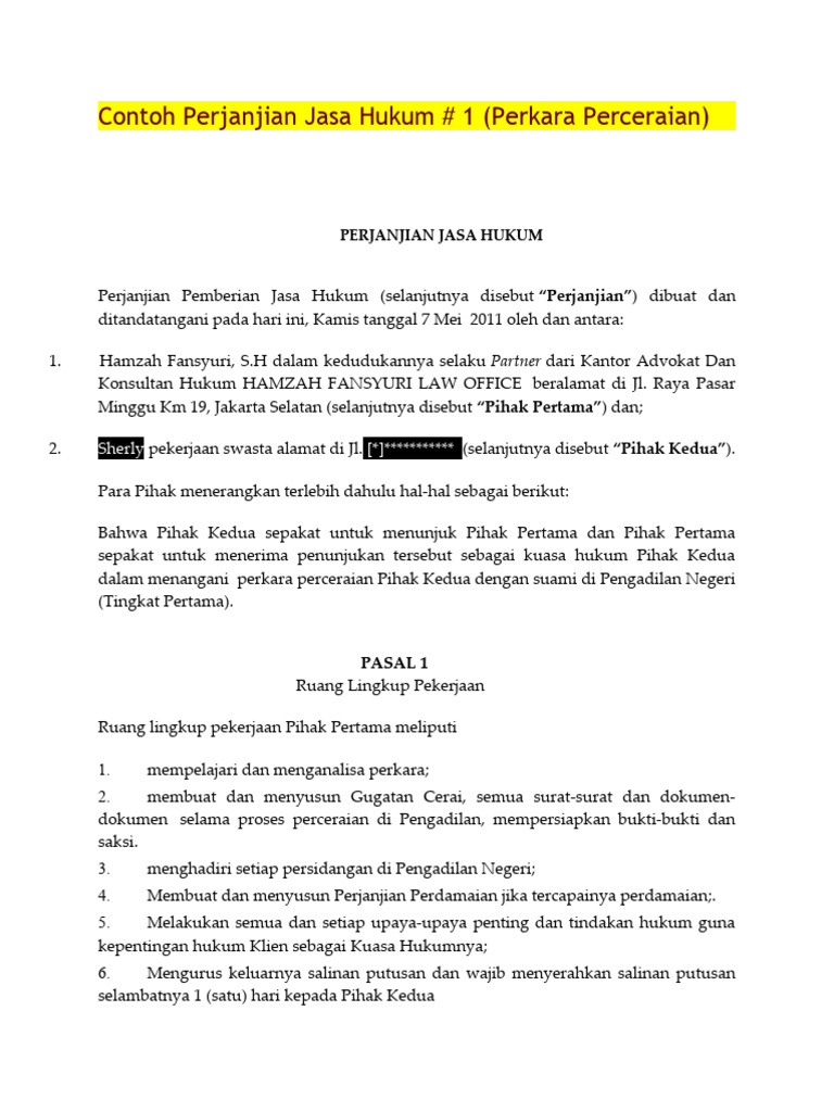 Perjanjian Jasa Hukum Perceraian | PDF