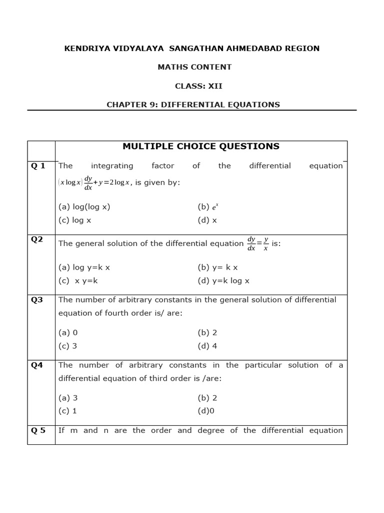 Class 12 Differential Equations MCQs | PDF | Equations | Ordinary Differential Equation