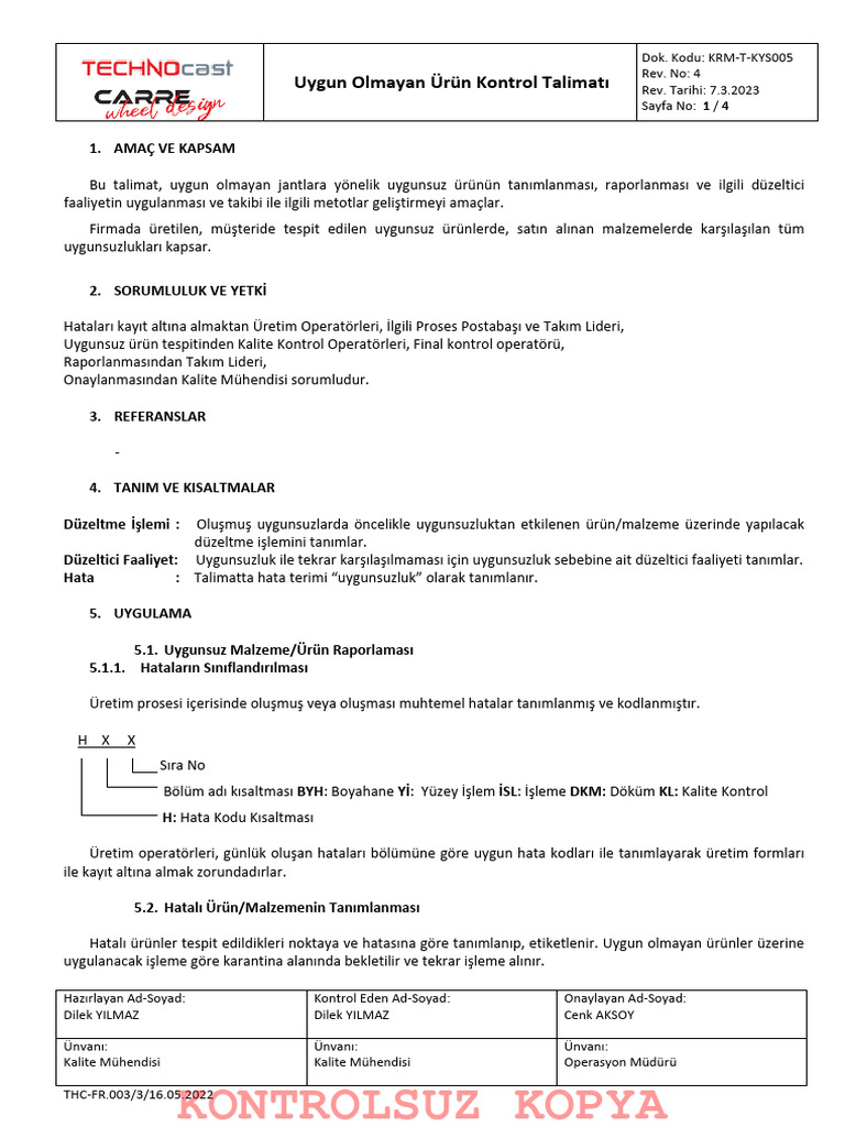 KRM-T-KYS005 - 4 Uygun Olmayan Ürün Kontrol Talimatı | PDF