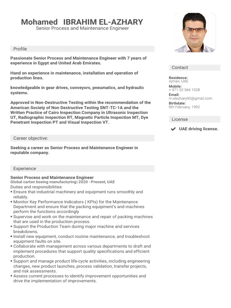 Mohamed Ibrahim El-Azhary: Senior Process and Maintenance Engineer | PDF