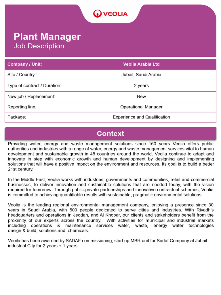 Plant Manager Job Description - Veolia Arabia | PDF | Sustainability ...
