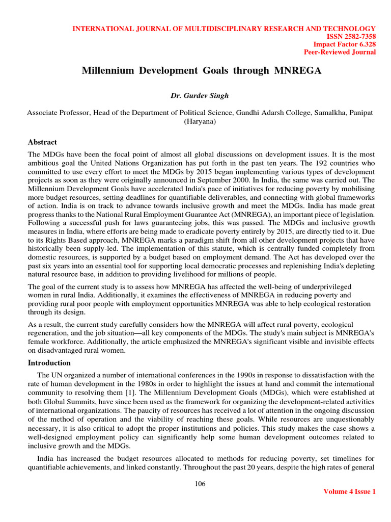 Millennium Development Goals Through MNREGA | PDF
