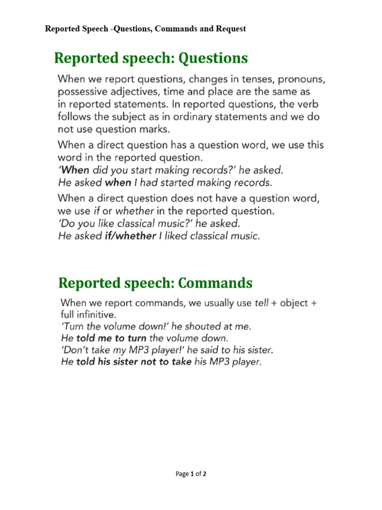 Reported Speech-Questions, Commands and Request | PDF