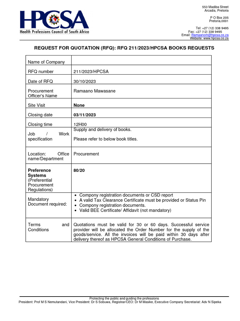 RFQ 211 2023 Hpcsa Books Request | PDF