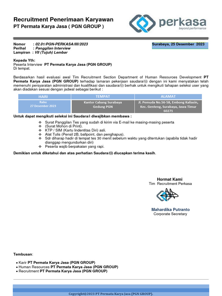 Surat Panggilan Interview PT Permata Karya Jasa (PGN GROUP) | PDF