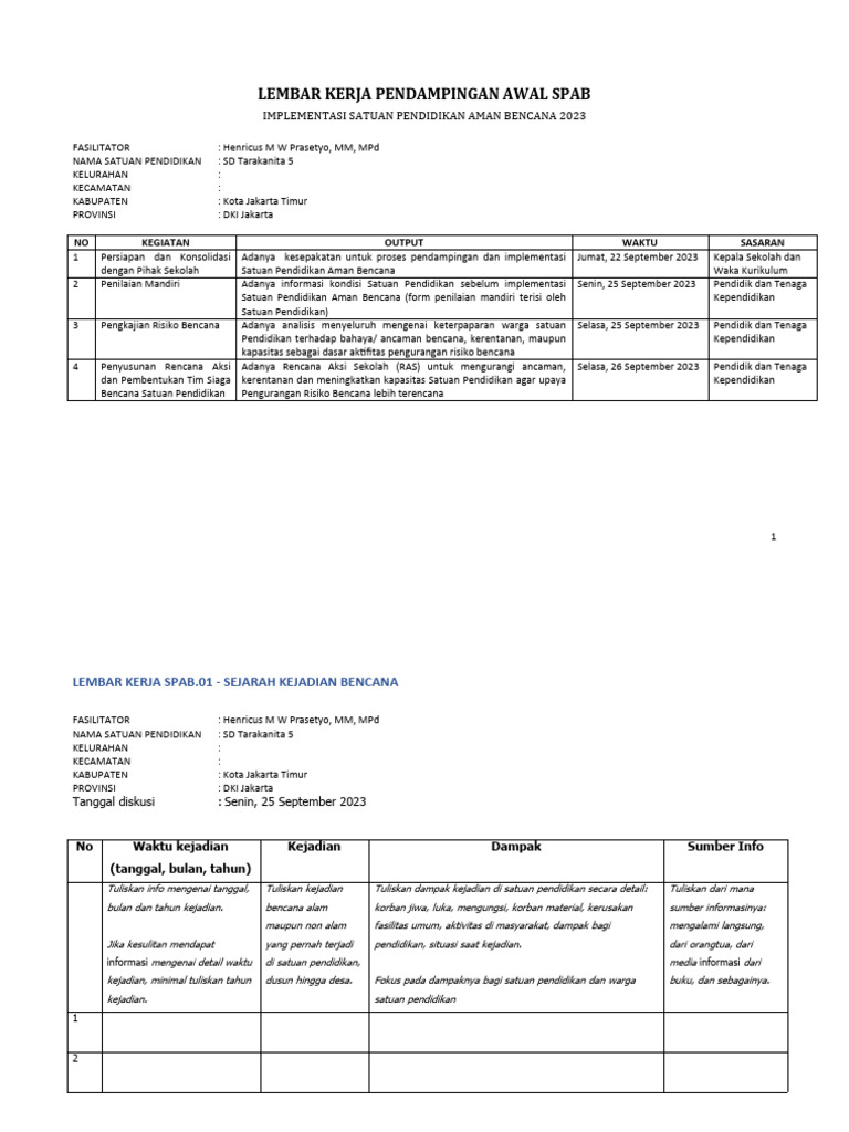 Lembar Kerja Pendampingan Awal Implementasi SPAB - SD Tarakanita 5 | PDF