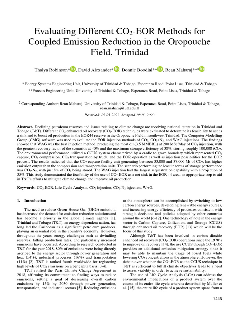 Evaluating Different CO - EOR Methods For Coupled Emission Reduction in The Oropouche Field ...