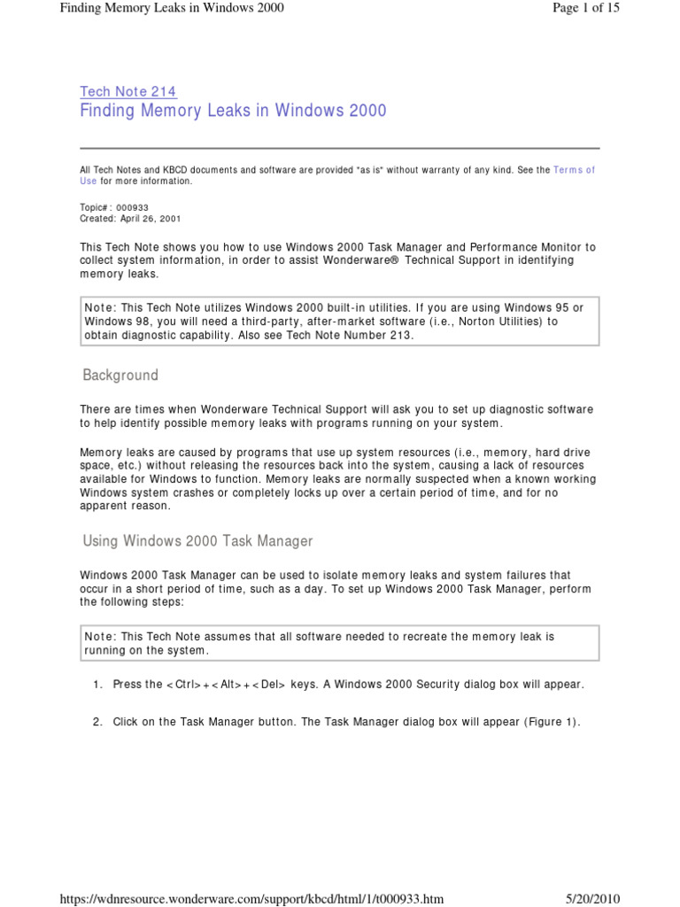 Tech Note 214 - Finding Memory Leaks Using PerfMon | PDF | Windows 2000 | Microsoft Windows