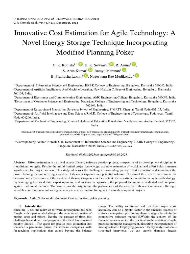 Innovative Cost Estimation For Agile Technology: A Novel Energy Storage Technique Incorporating ...