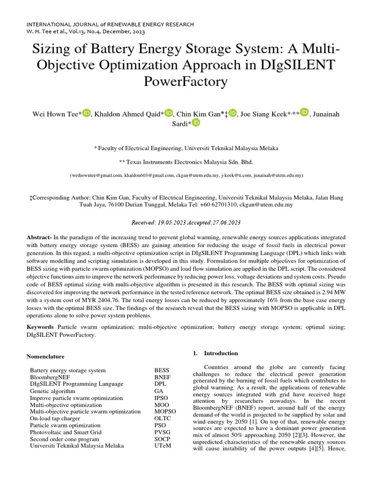 Sizing of Battery Energy Storage System: A Multi-Objective Optimization ...