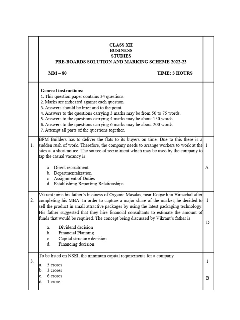 Grade XII - BST - Pre-Boards1 - Solution | PDF | Economies | Business Grade XII - BST - Pre-Boards1 - Solution | PDF | Economies | Business