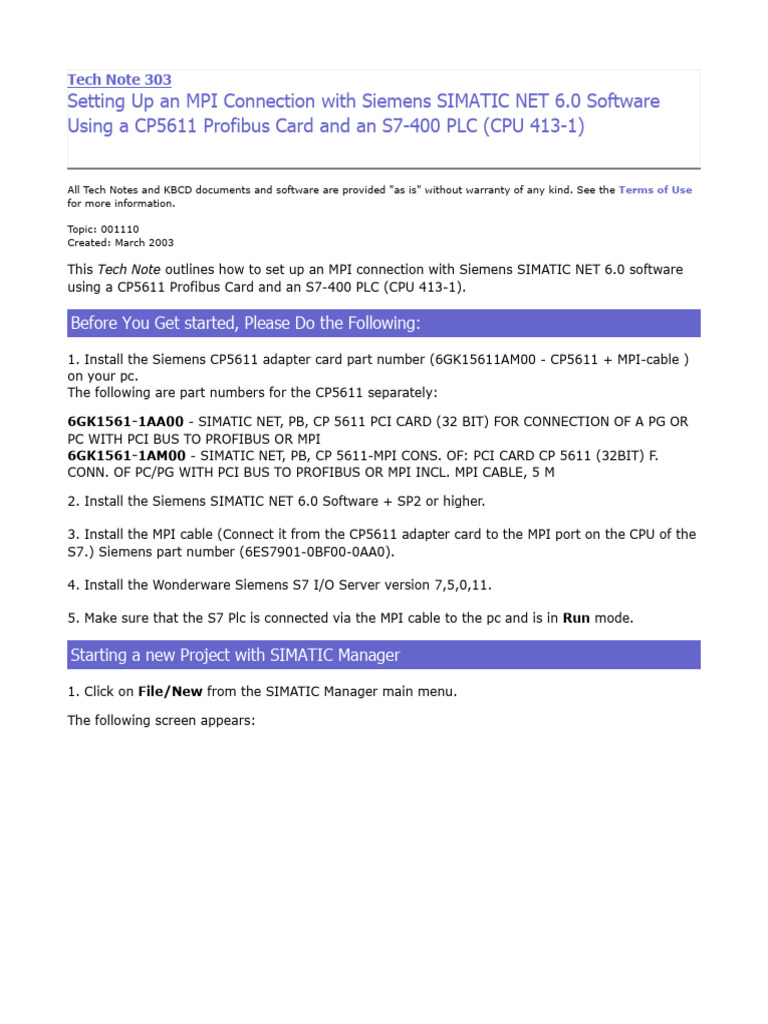 Tech Note 303 - Setting Up an MPI Connection with Siemens SIMATIC NET 6 ... Tech Note 303 - Setting Up an MPI Connection with Siemens SIMATIC NET 6 ...