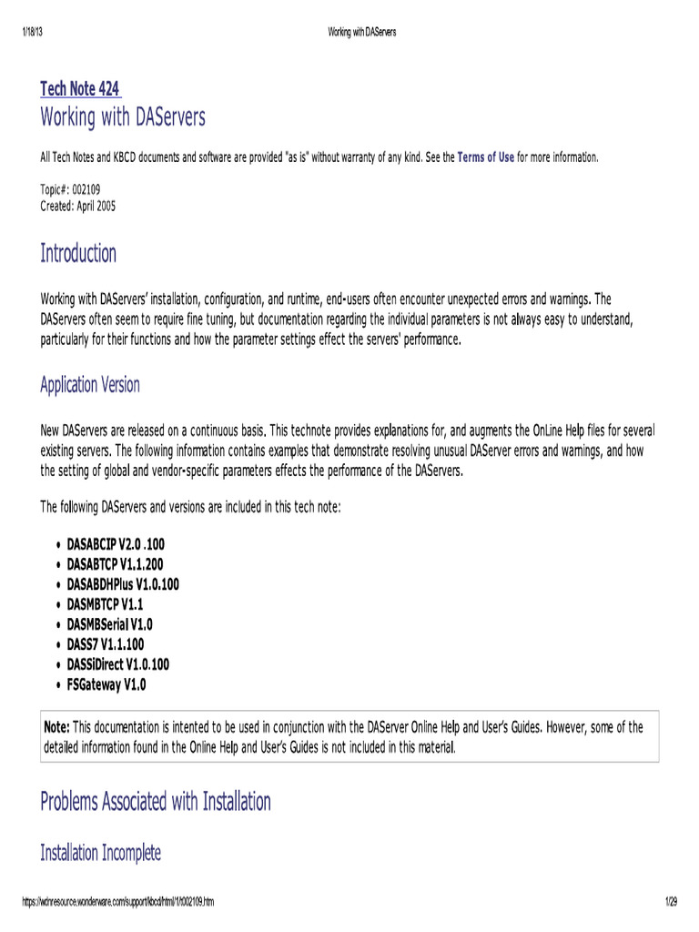Tech Note 424 - Working With DAServers | PDF