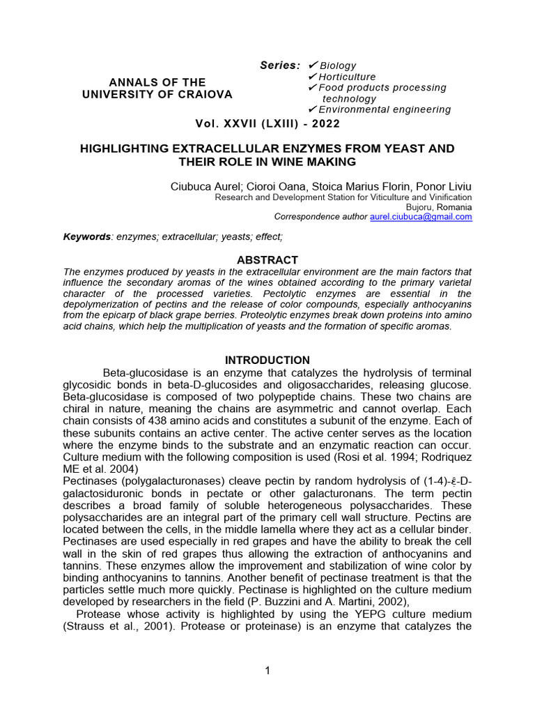 Lucrare Stiintifica Enzime SCDVV Bujoru Engl. | PDF | Yeast | Enzyme