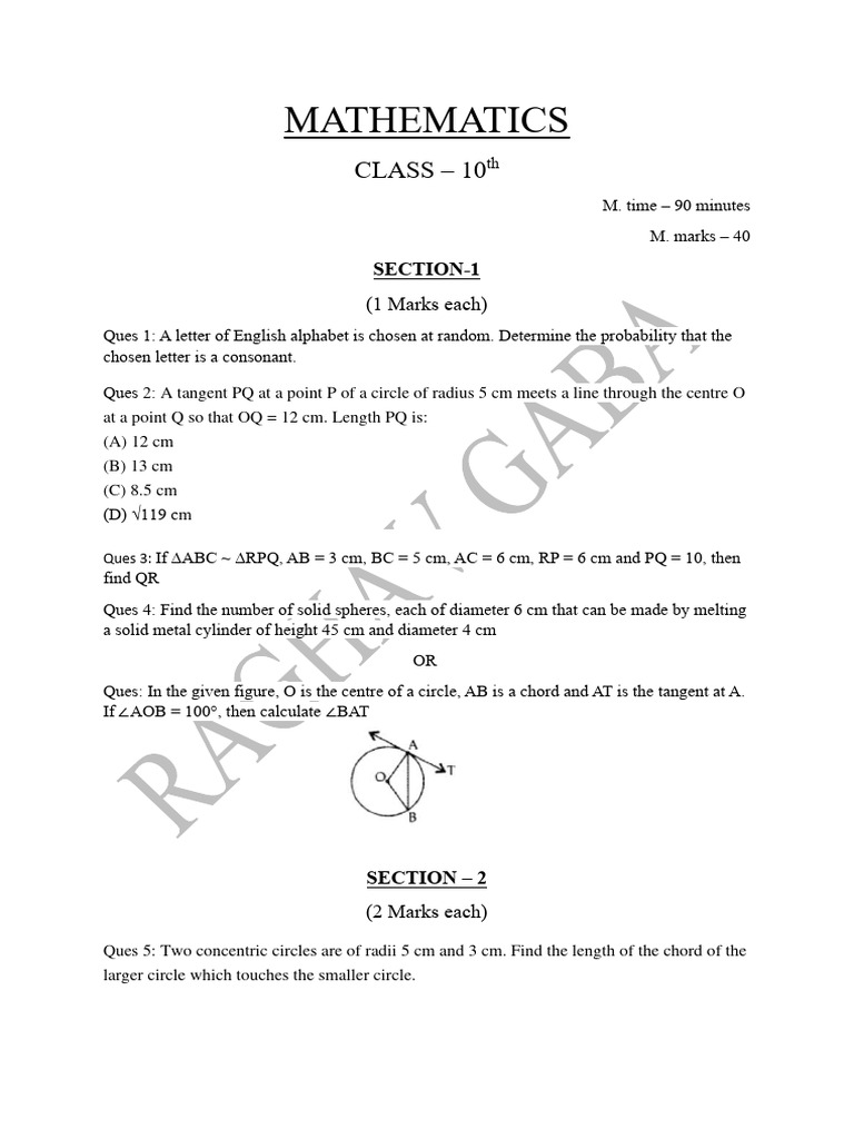 Class 10th 40 Marks Test.3 | PDF | Circle | Sphere Class 10th 40 Marks Test.3 | PDF | Circle | Sphere
