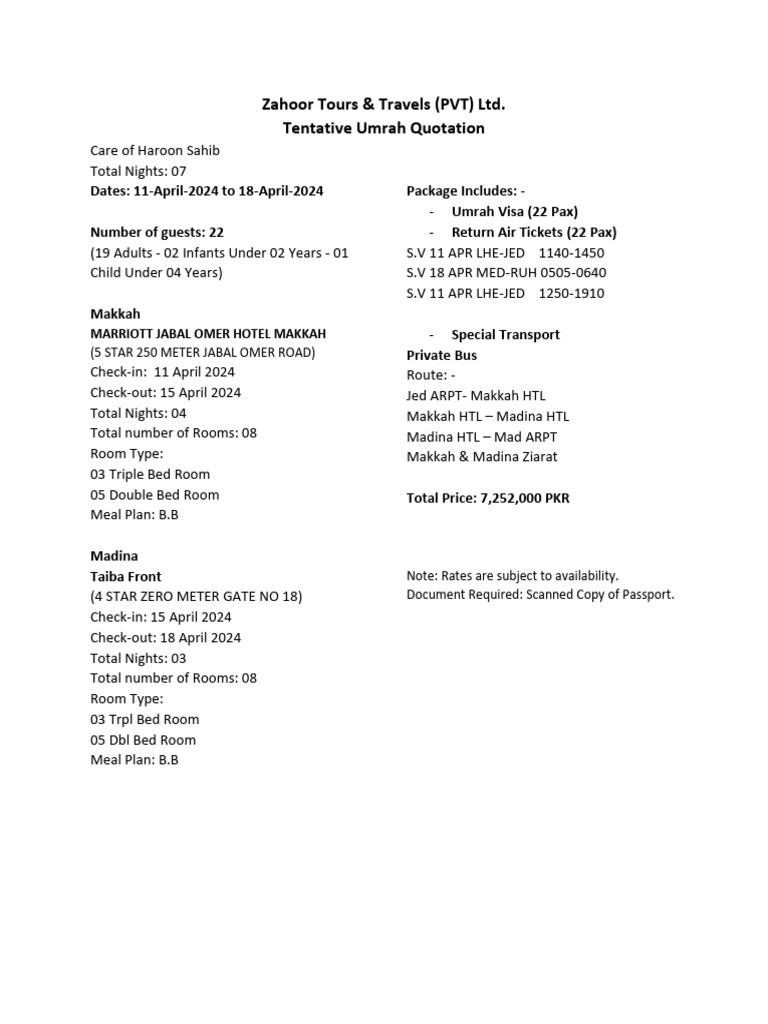 Tentative Umrah Quotation 22 Pax M-T | PDF