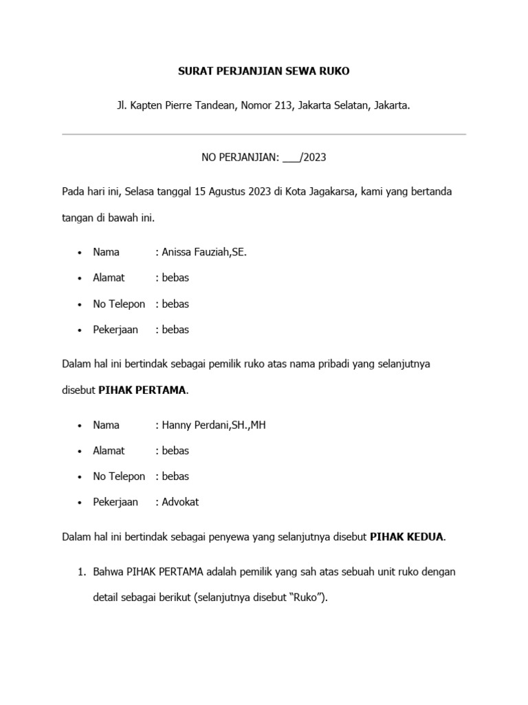 SURAT PERJANJIAN SEWA RUKO Ecik | PDF | Griya & Taman