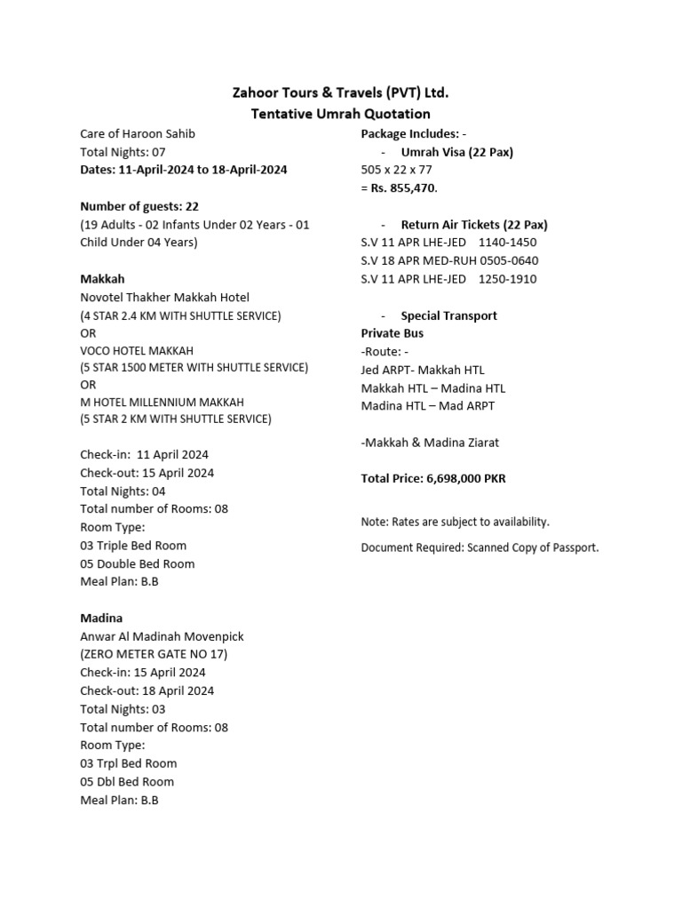 Tentative Umrah Quotation 22 Pax | PDF